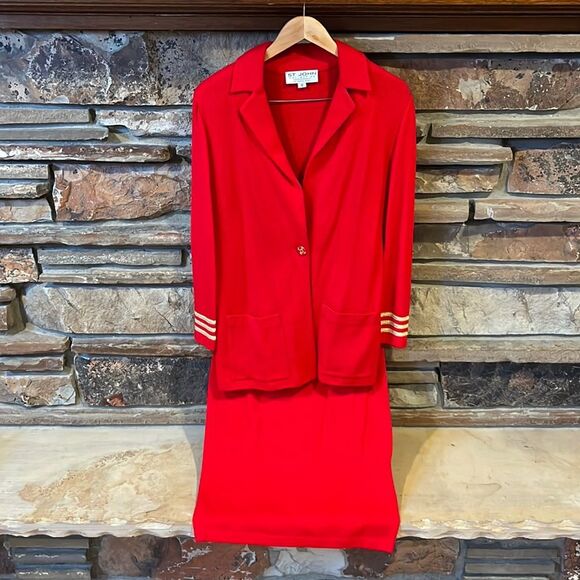 St. John | Skirts | St John Collection Red Knit Skirt Suit Gold ...